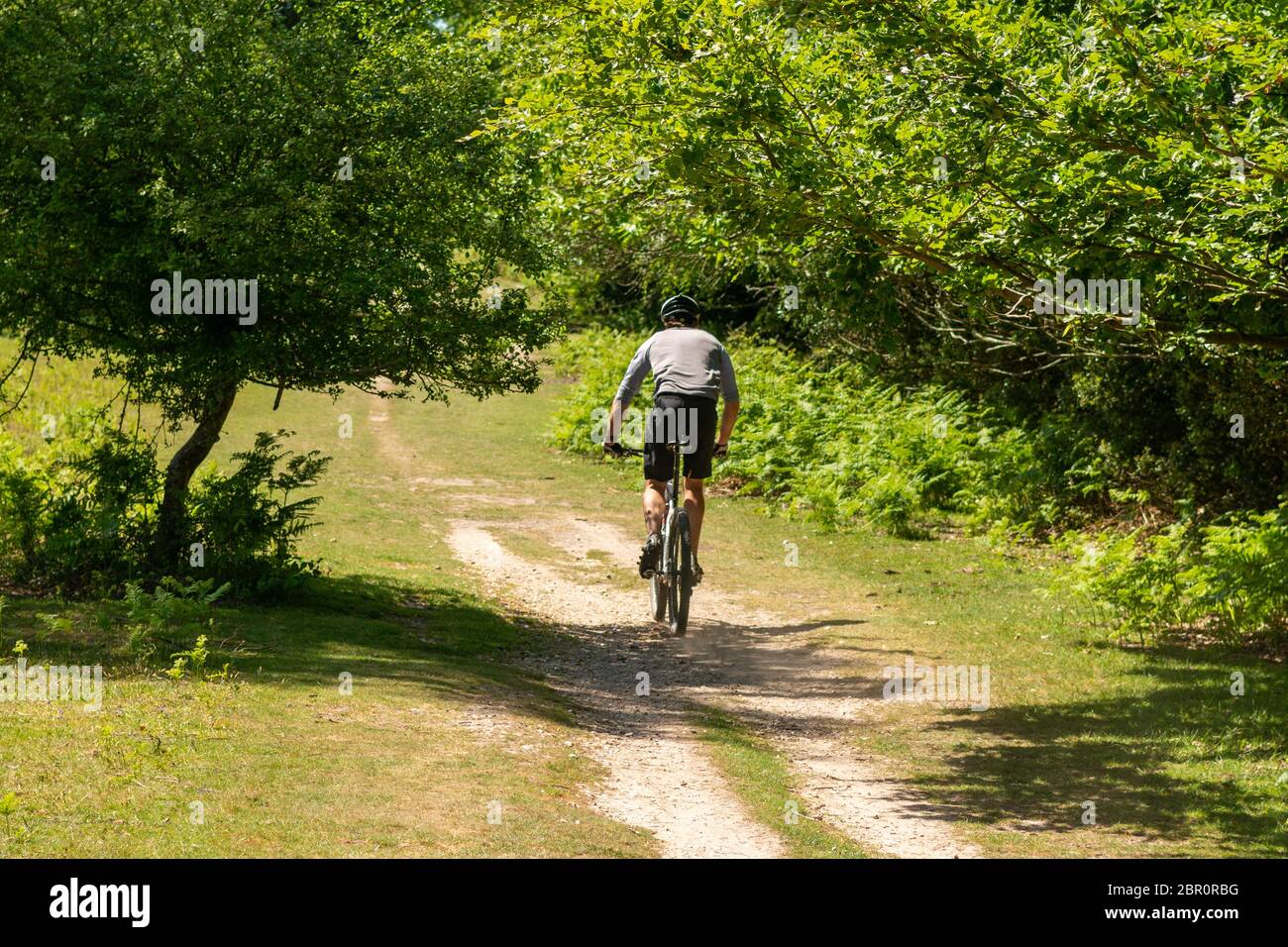 May heatwave 2020. A cyclist on an off-road bicycle cycling through ...