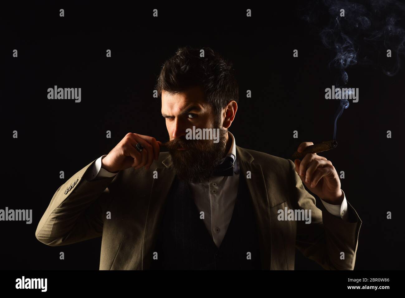 Businessman with confident face smokes cuban cigar. Man with beard ...