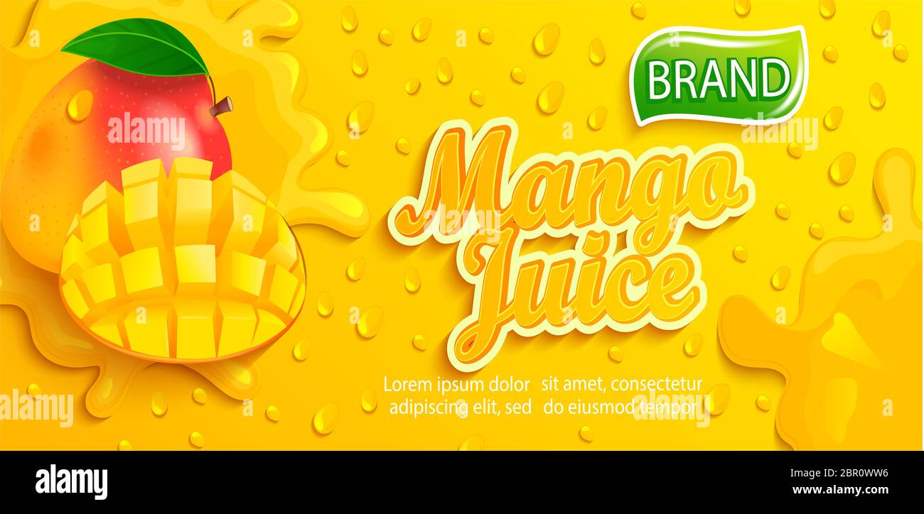Fresh mango juice splash banner with apteitic drops from condensation ...