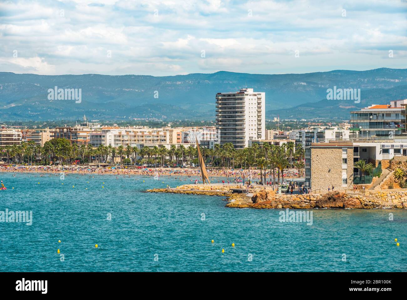 View to the main beach of Salou with cloudy sky at the main season ...