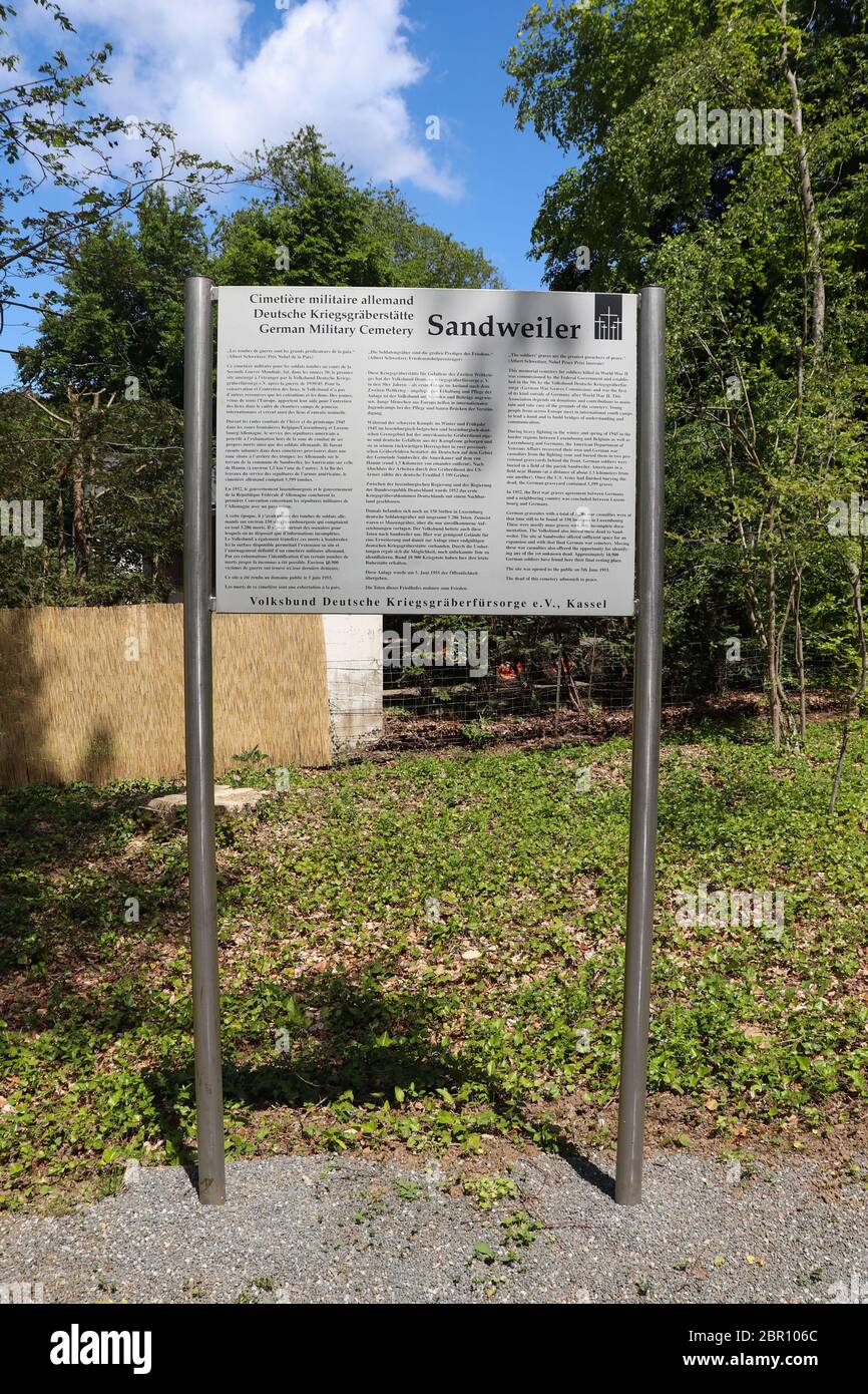 Sign at the entrance of the Sandweiler German war cemetery where German ...