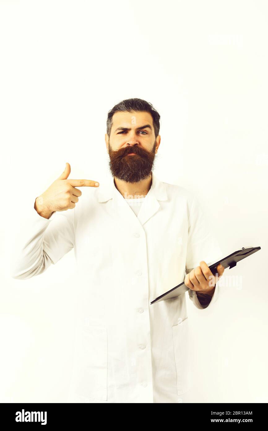 Bearded man, long beard. Brutal caucasian doctor or unshaven hipster ...