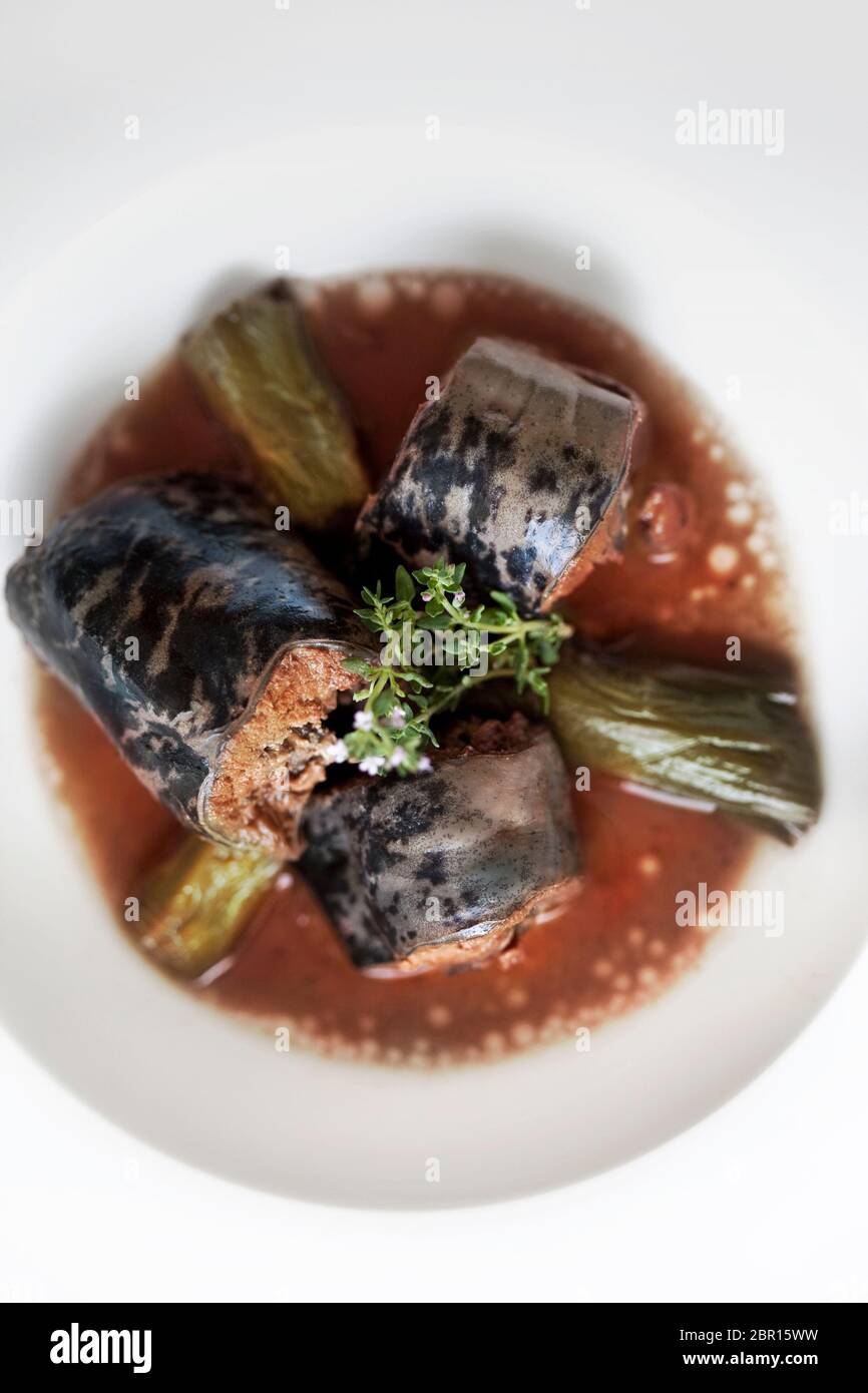 Lamprey recipe and red wine sauce Stock Photo - Alamy