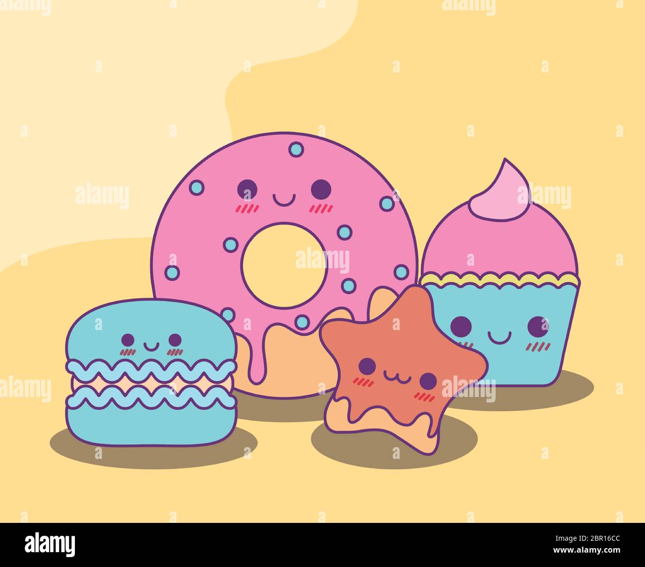 donut cookie star and cupcake design, Kawaii food cute character ...