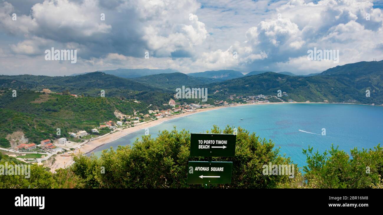 Tourist directional signs,Porto Timoni beach,Afionas Square,with Agios ...