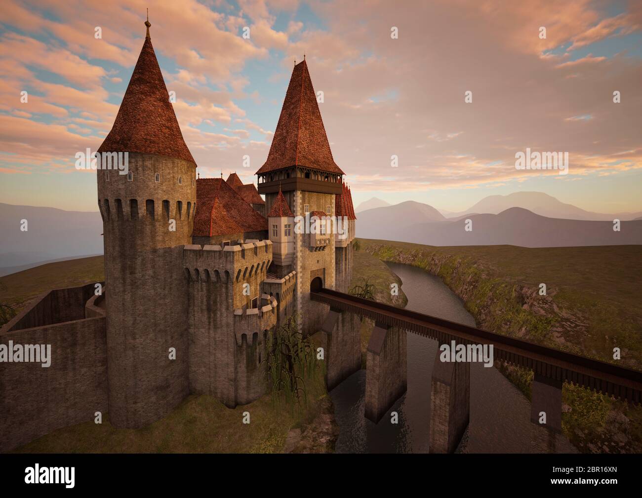 3D rendering of a medieval castle on a sunset sky background Stock ...