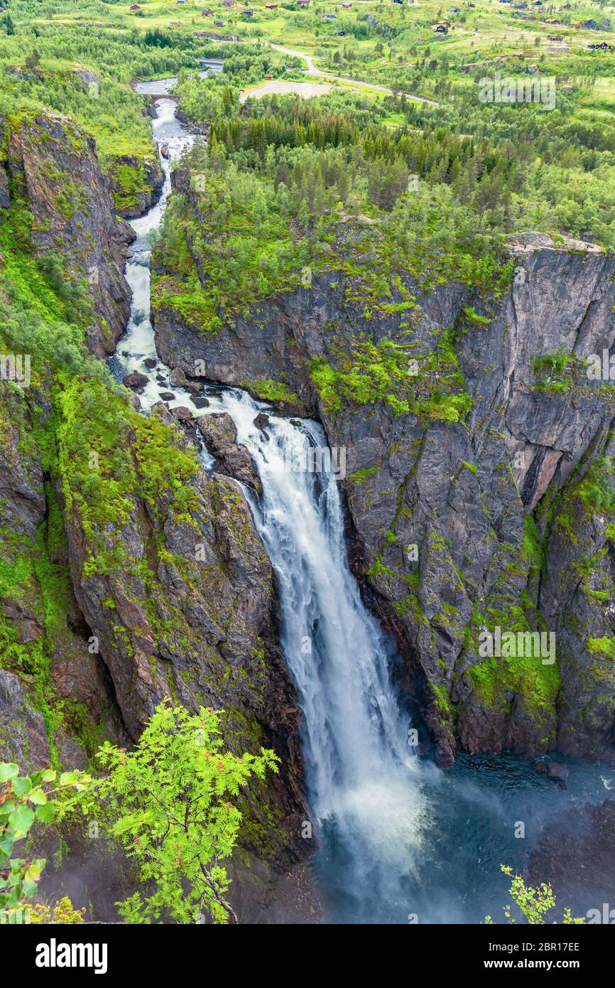 Beautiful top view of the Voringsfossen waterfall. Falls in mountains ...