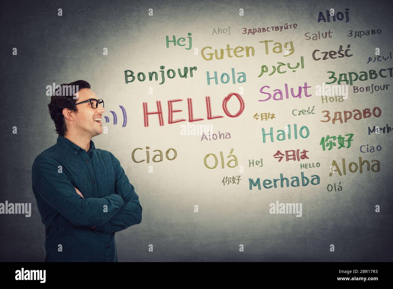 Side view skilled businessman talking different languages. Positive ...