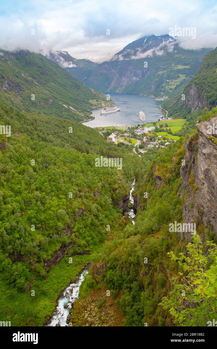 Panoramic view of Geiranger seaport, Norway. End of famous Geiranger ...