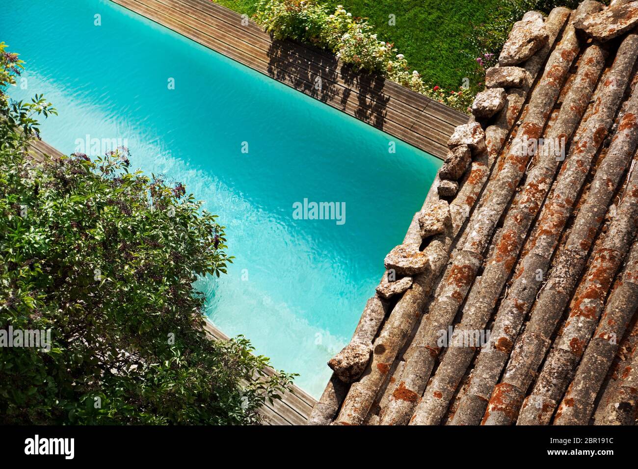 Aerial view of a swimming pool in a French garden Stock Photo - Alamy