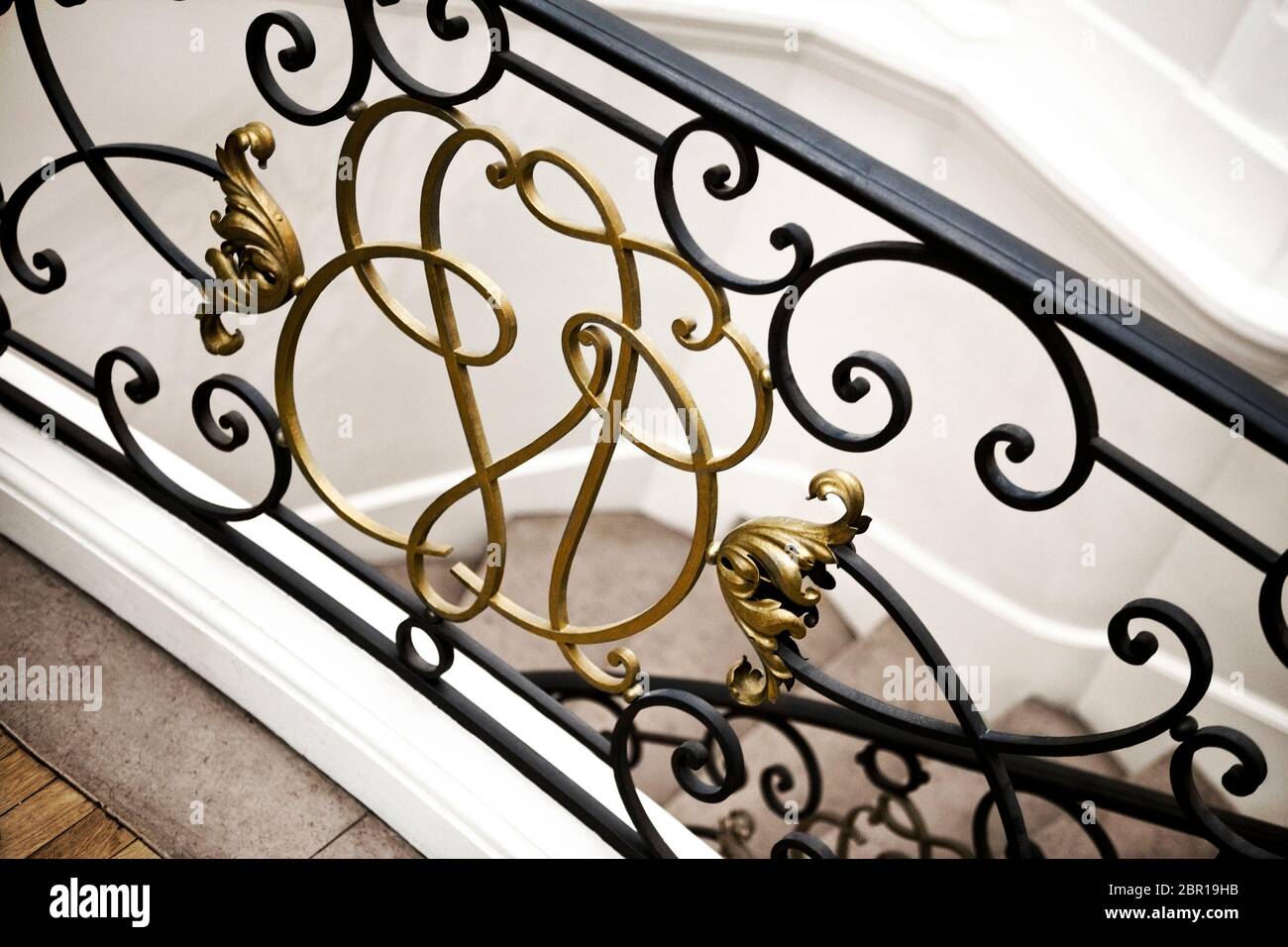 Interior of a luxurious French mansion and golden stair railing Stock ...