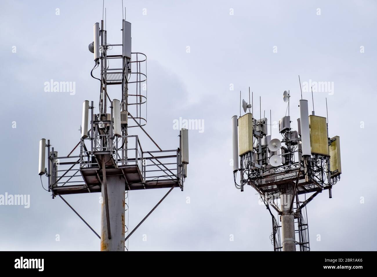 equipment on cell phone towers, tower antennas Stock Photo - Alamy