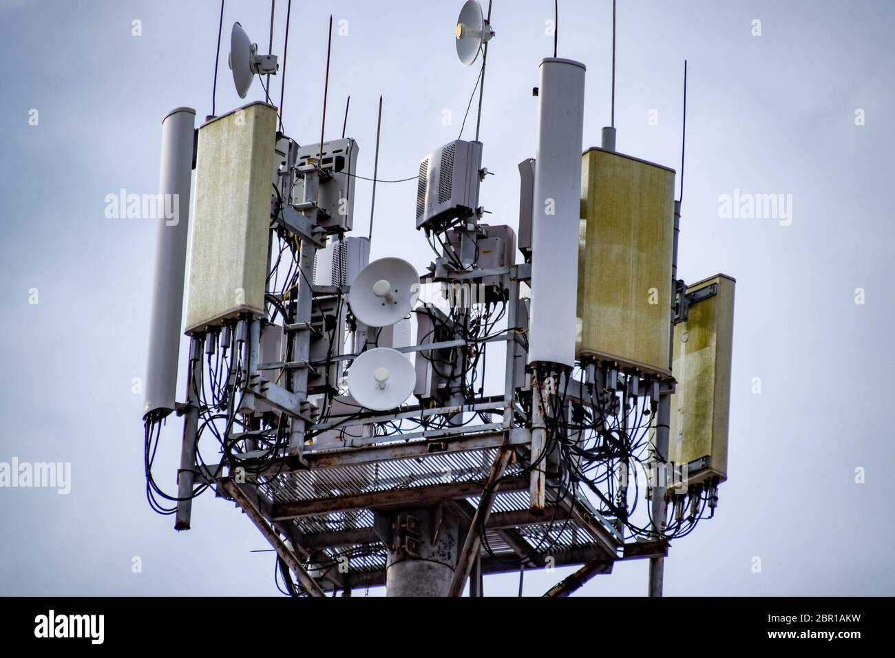equipment on cell phone towers, tower antennas Stock Photo - Alamy