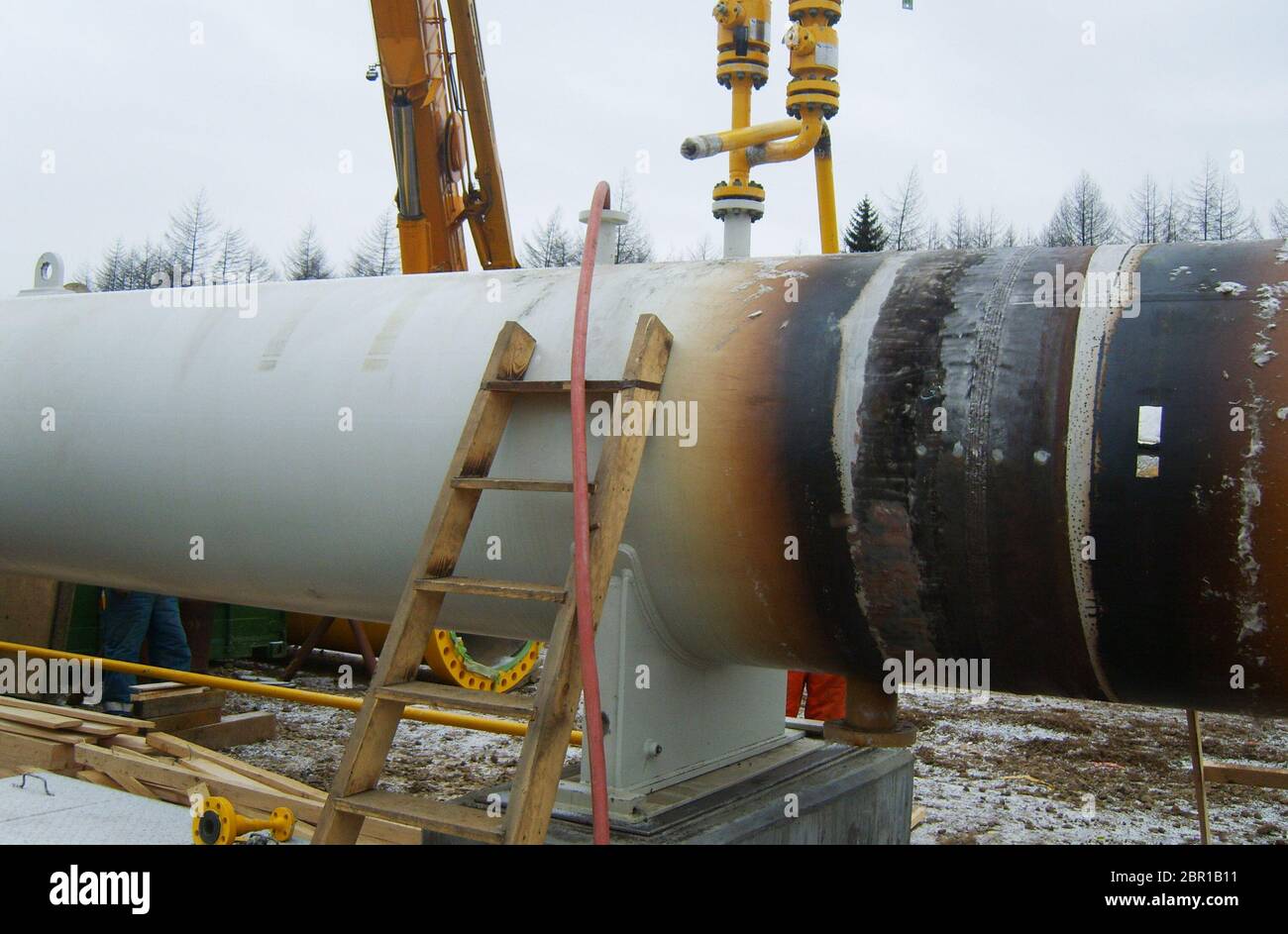 Construction of the gas pipeline on the ground. Transportation of ...