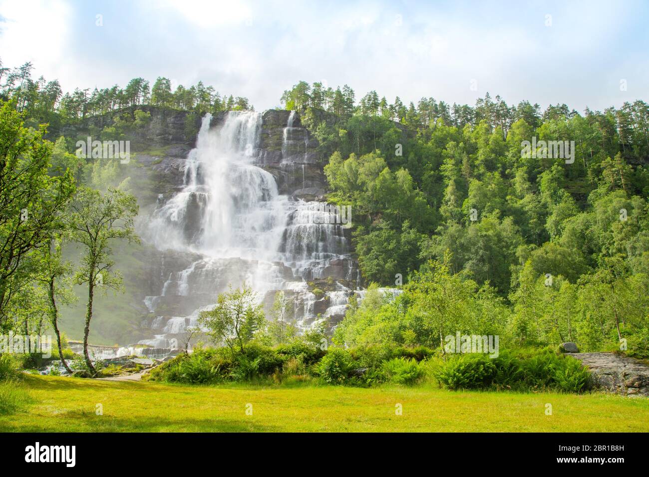 Falls in mountains of Norway in rainy weather. White waterfall ...