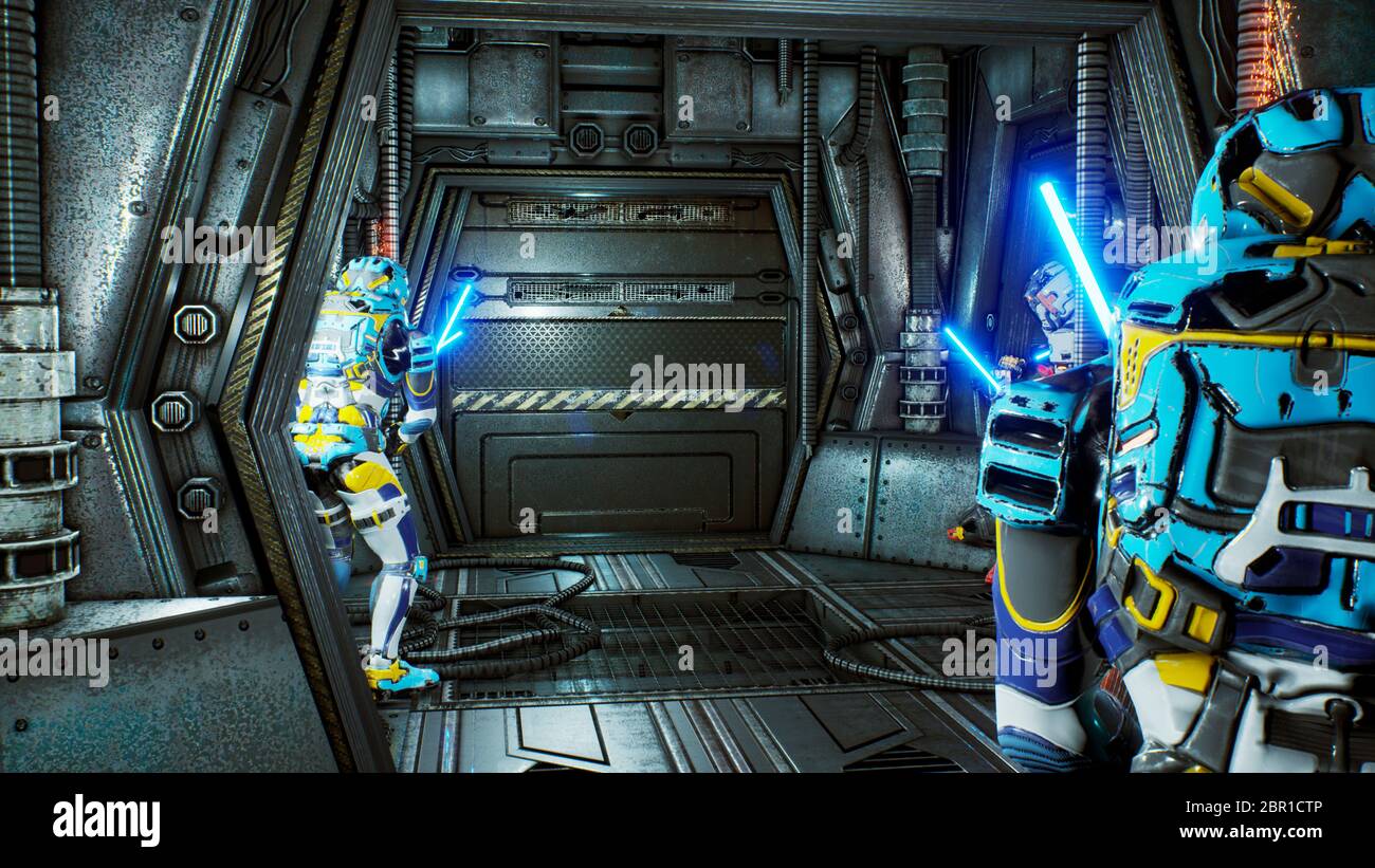 Astronauts with laser swords hid in an ambush on an alien robot invader ...