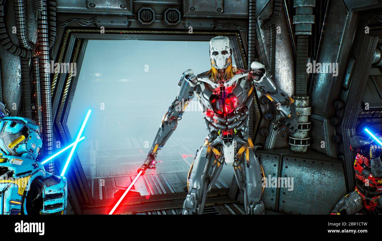 Astronauts with laser swords hid in an ambush on an alien robot invader ...