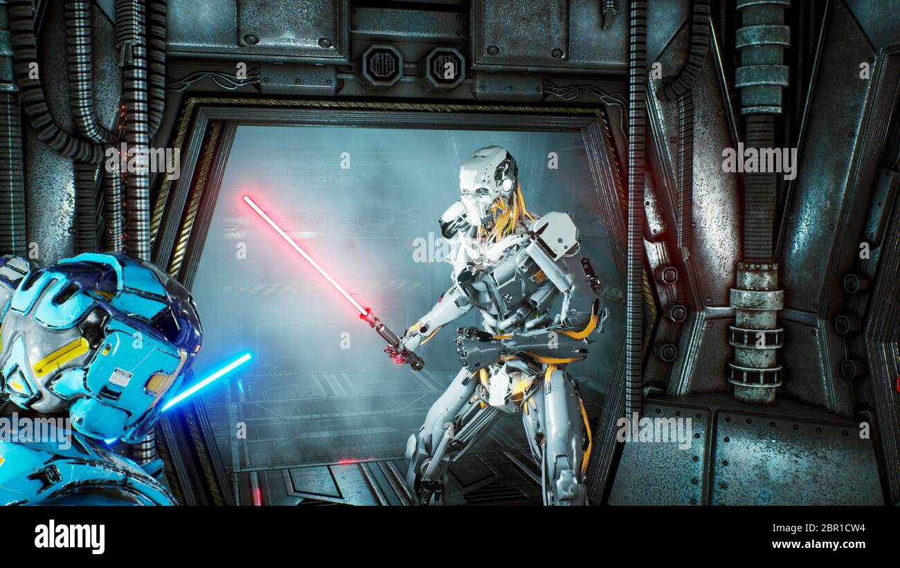 Astronauts with laser swords hid in an ambush on an alien robot invader ...