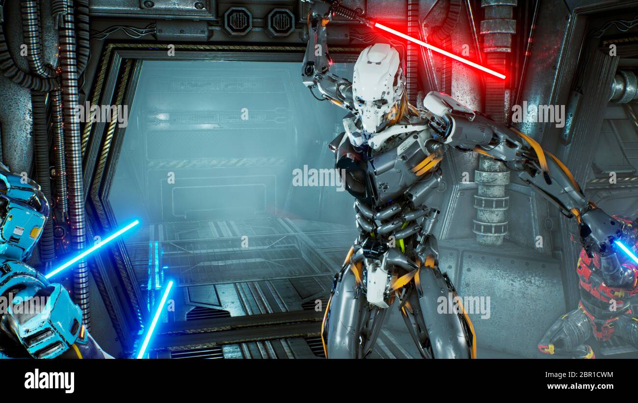 Astronauts with laser swords hid in an ambush on an alien robot invader ...