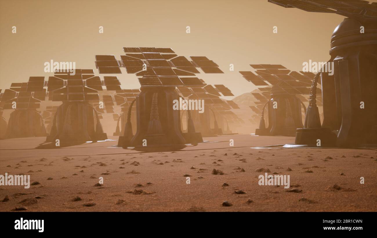 Giant solar panels on the surface of Mars during a dust storm ...