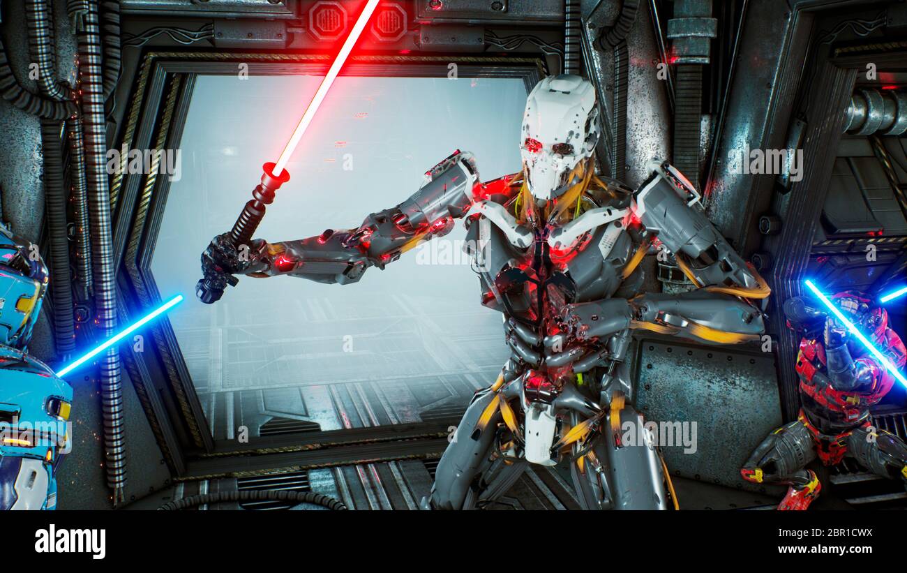 Astronauts with laser swords hid in an ambush on an alien robot invader ...