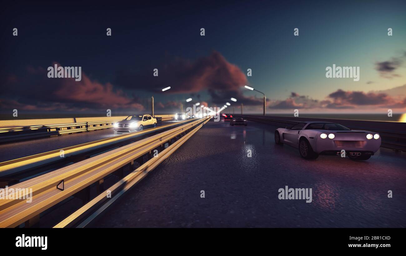 Night lights of the cars and background traffic. Cars with lights on go ...