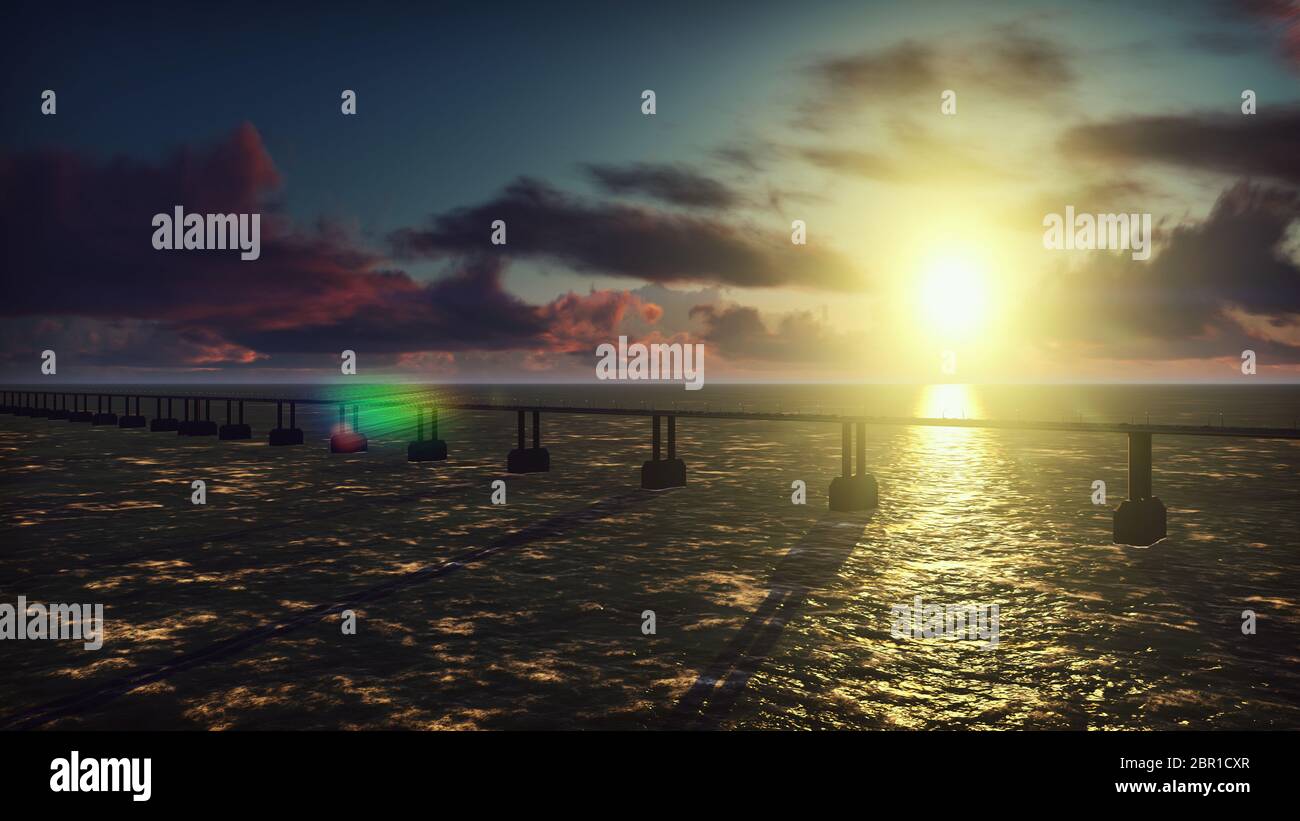 The camera flies over the bridge with heavy traffic. Cars with lights ...