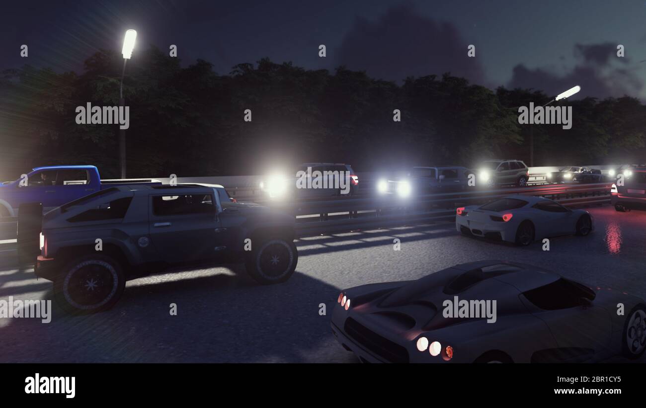 Cars with lights on go through the city at night. Night cars lights and ...