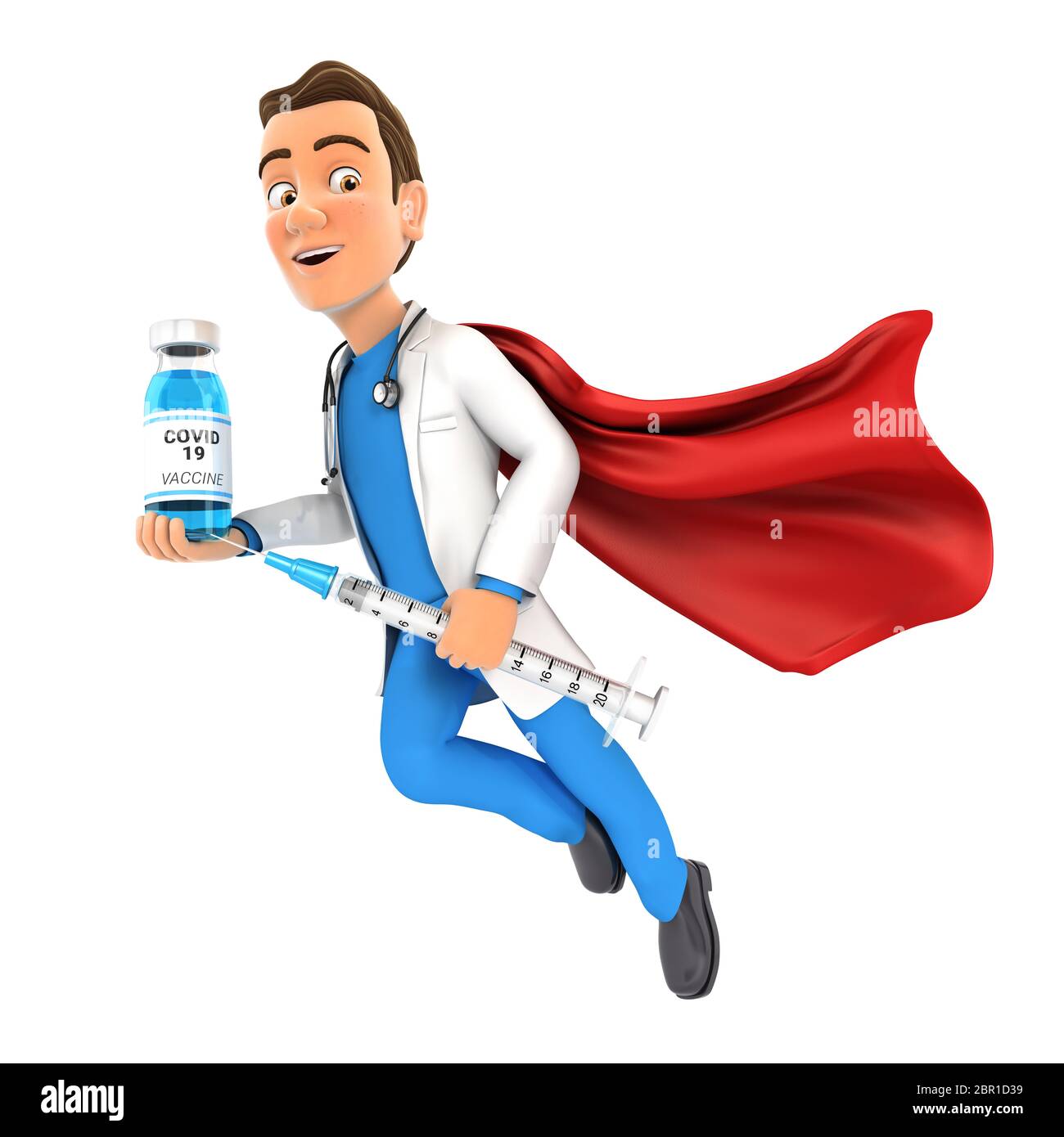 3d doctor flying with vaccine bottle and syringe, illustration with ...