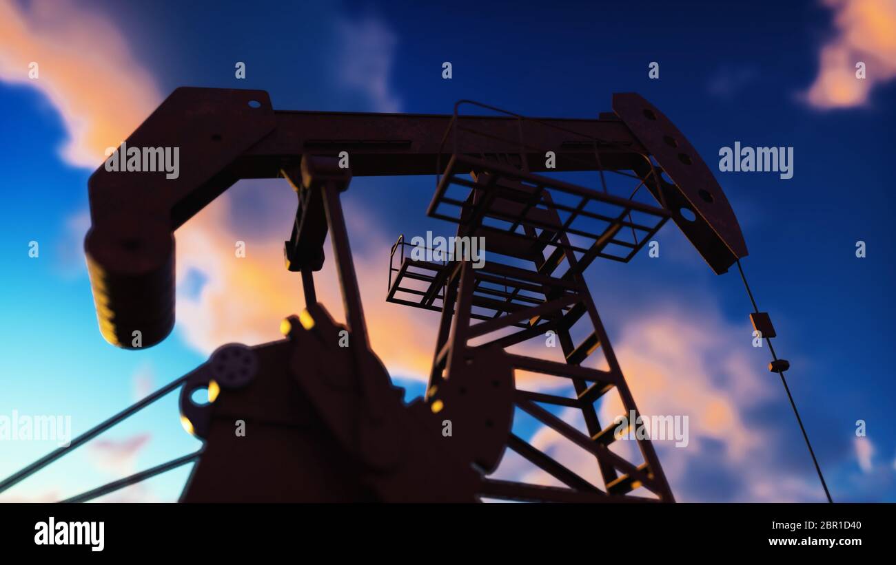 Pump jack industrial machine for petroleum in the sunrise. Silhouette ...