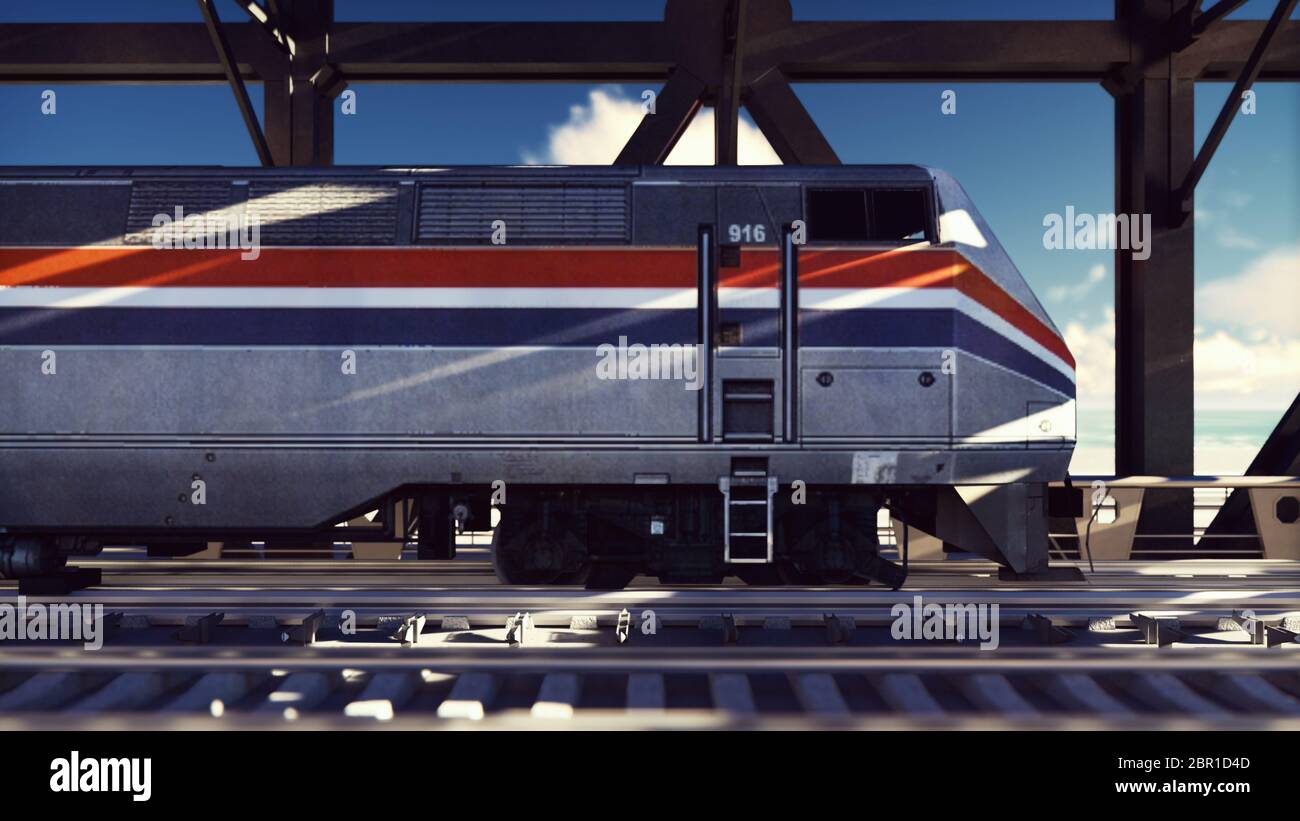 High speed train, the train passes on the railway bridge at sunrise ...