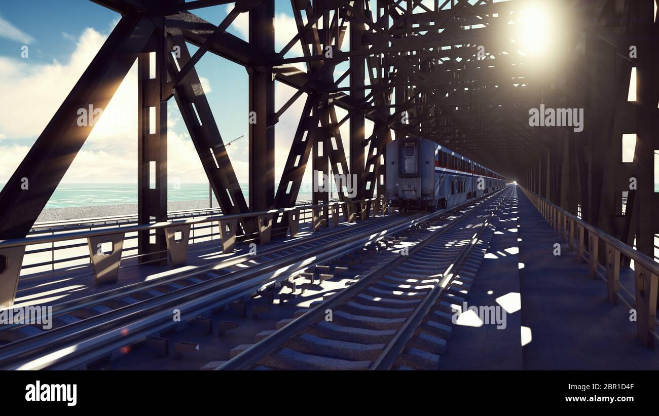 High speed train, the train passes on the railway bridge at sunrise ...