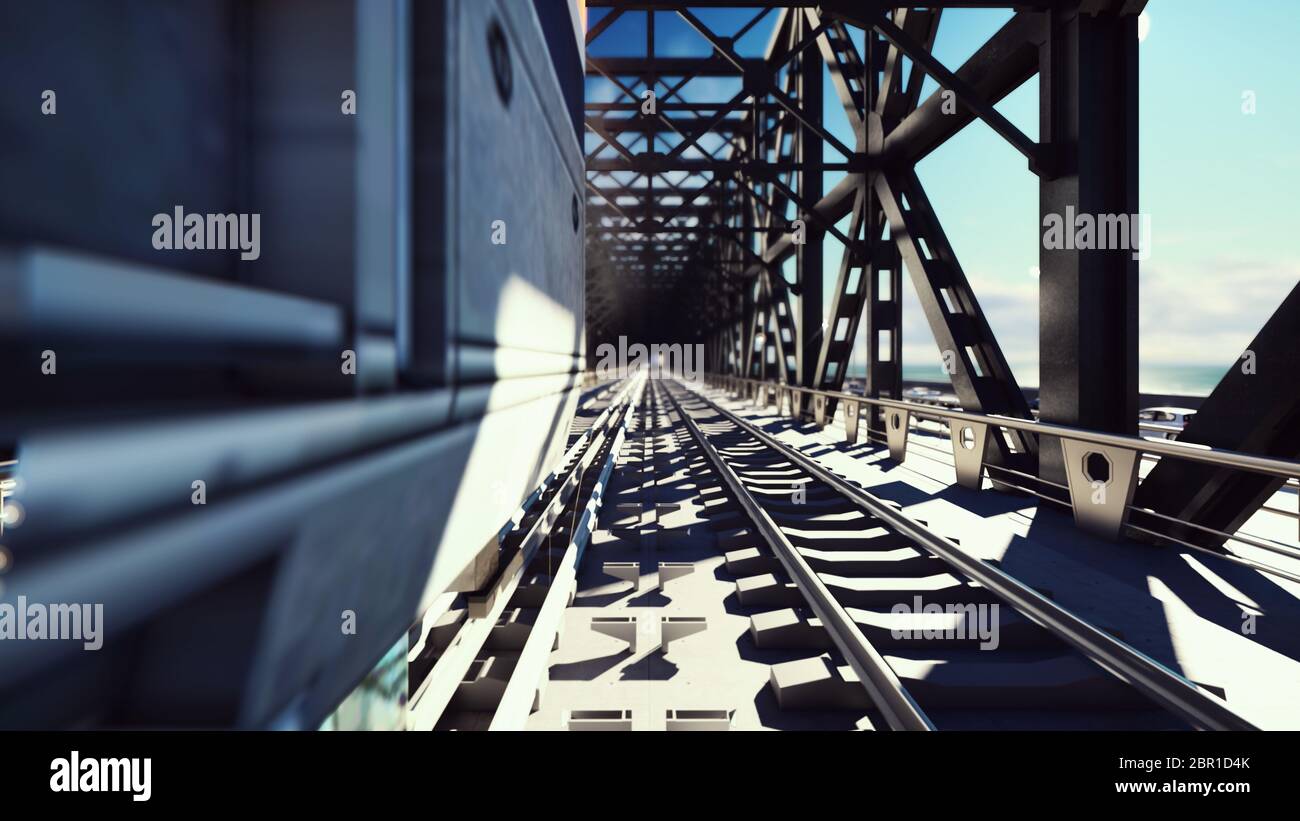 High speed train, the train passes on the railway bridge at sunrise ...