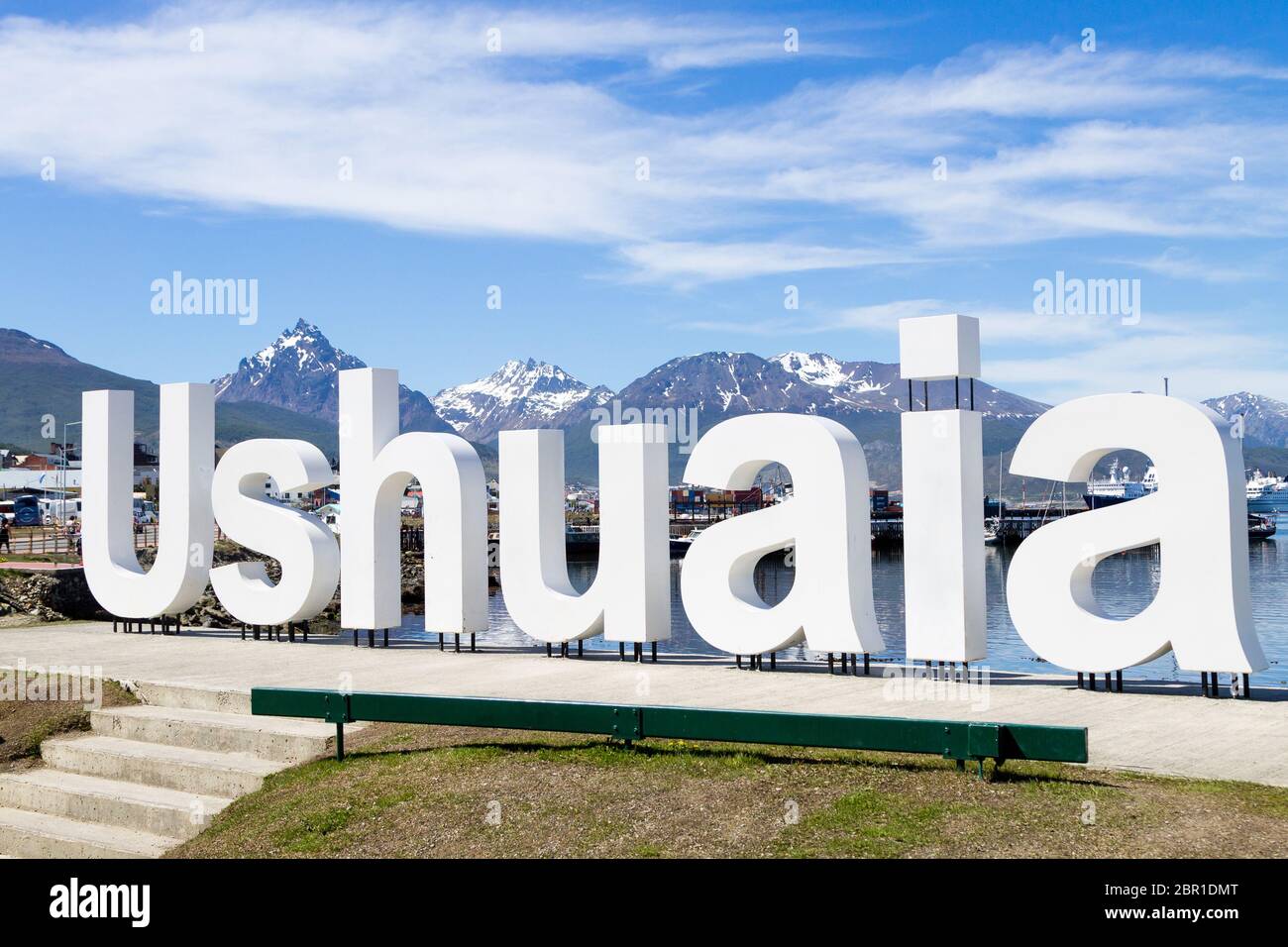 Ushuaia landmark. Ushuaia written in white letters. Southernmost city ...
