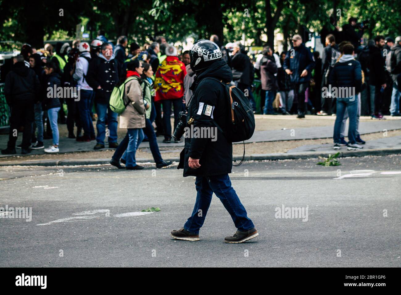 Paris France May 04, 2019 View of press journalist covering protests of ...