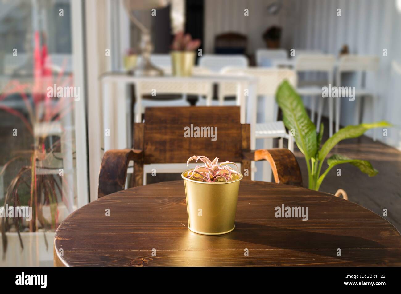 Cargo container cafe with wooden furniture set, stock photo Stock Photo ...