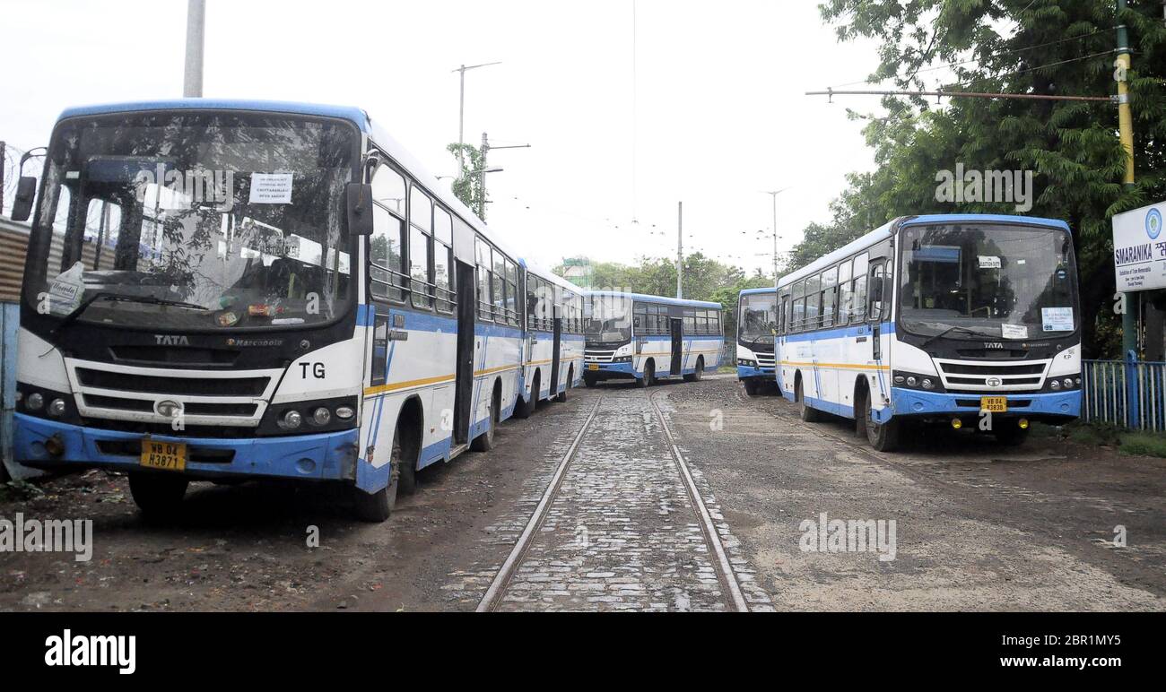 Government Buses Stand at Esplanade during lockdown. (Photo by Anubrata ...