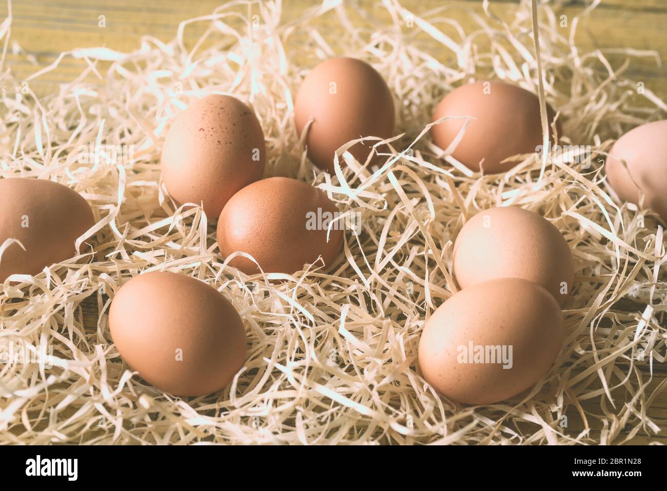 Raw chicken eggs in the hay: top view Stock Photo - Alamy