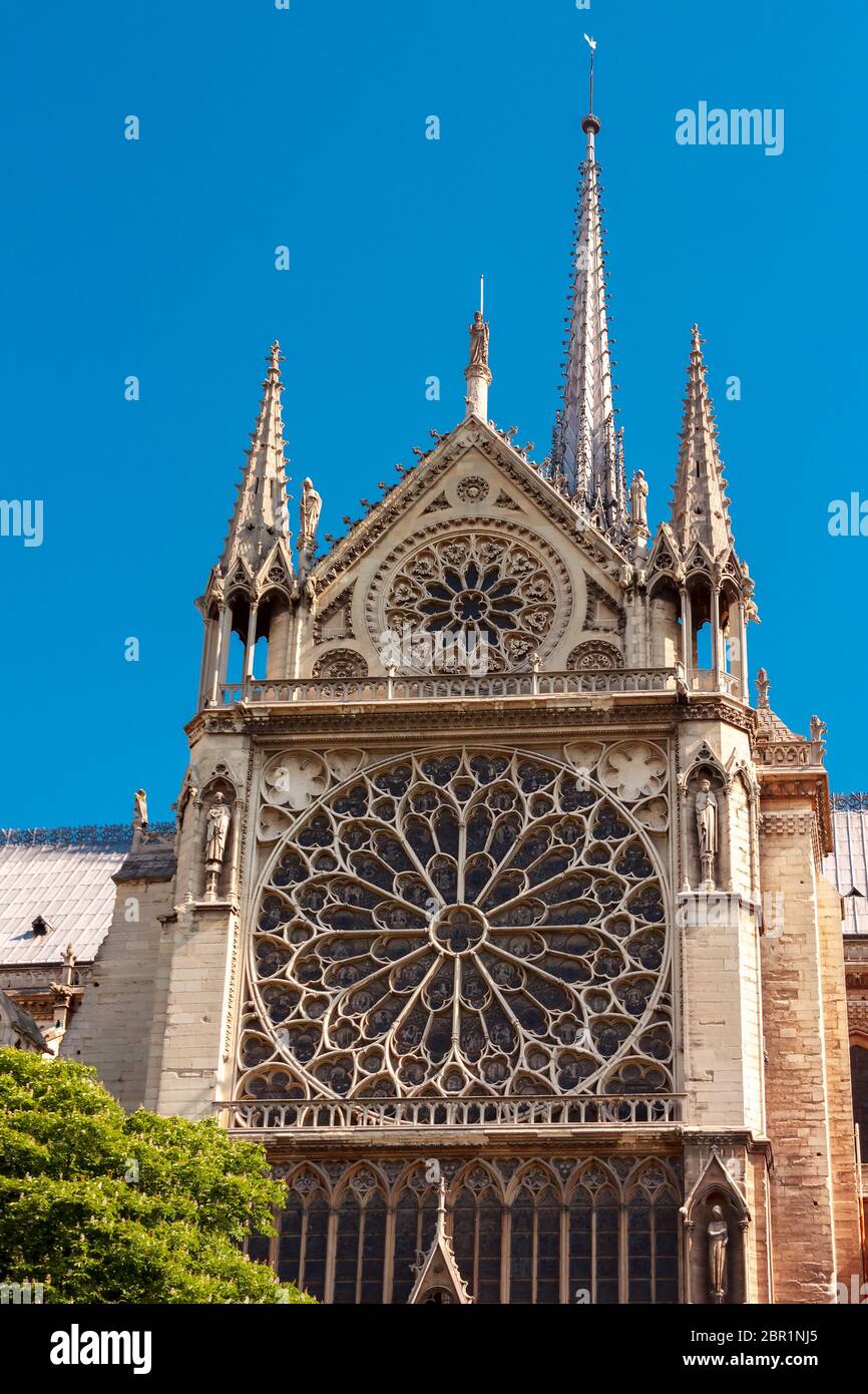 The spire and South rose window of the cathedral Notre-Dame destroyed ...