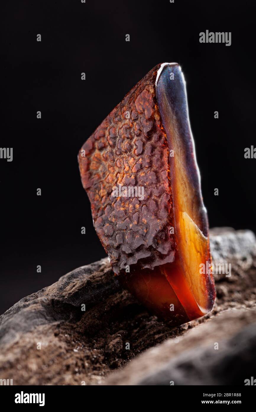 A piece of dark red semi transparent natural amber, classification ...