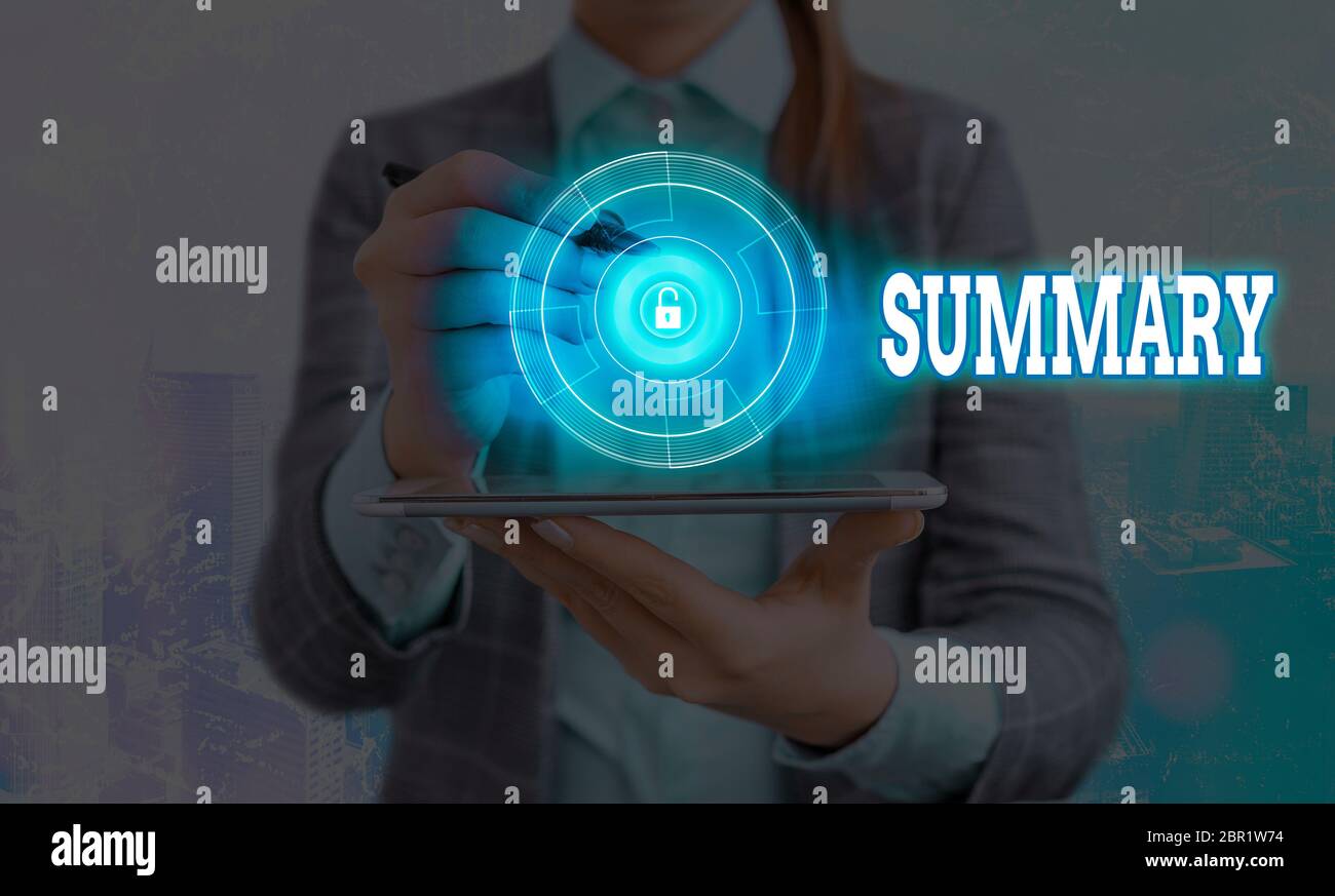 Word writing text Summary. Business photo showcasing brief statement or ...