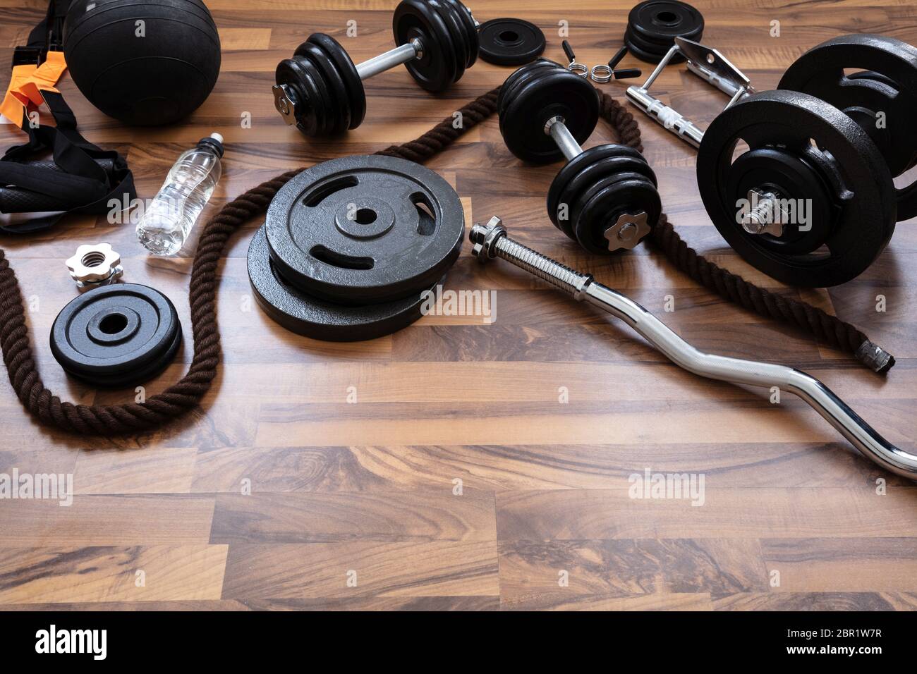 An Elevated View Of Gym Equipment On Hardwood Floor Stock Photo - Alamy