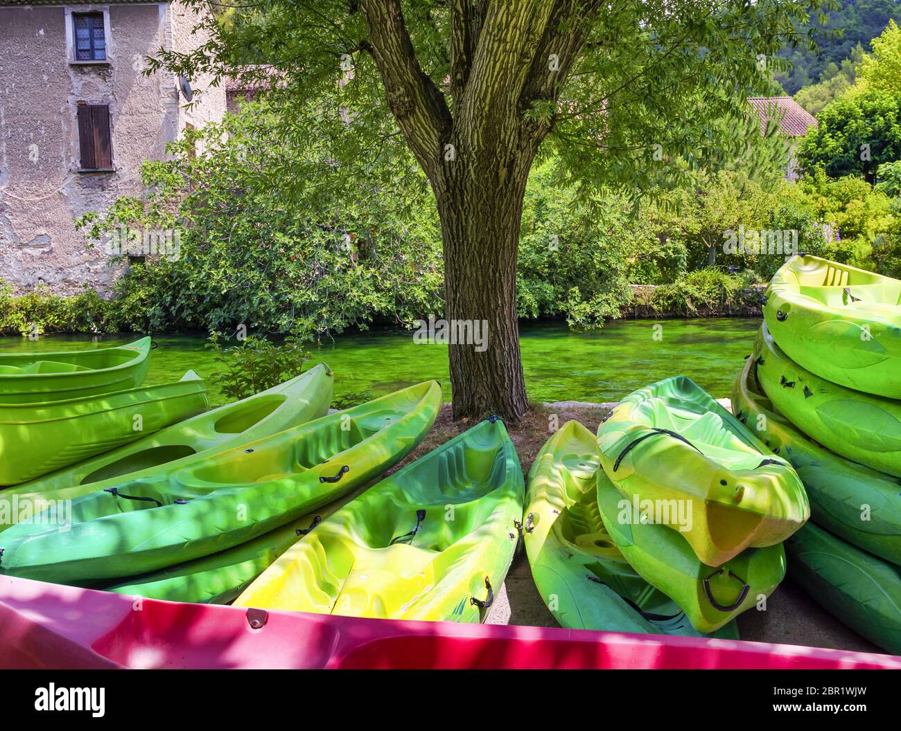 Colorful canoes along a beautiful river in summer season Stock Photo ...
