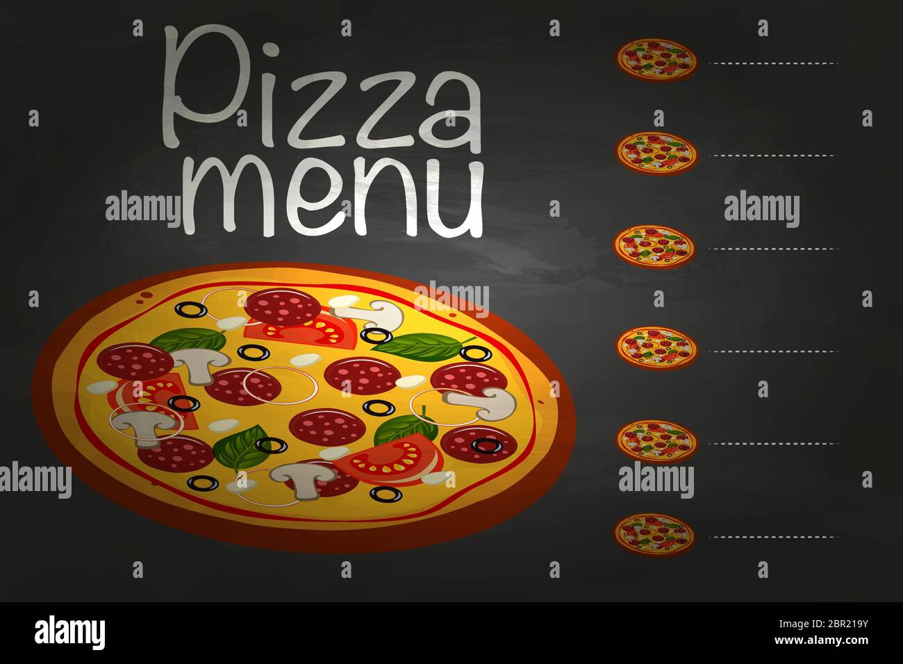 Pizza menu chalkboard cartoon background with fresh ingredients vector ...