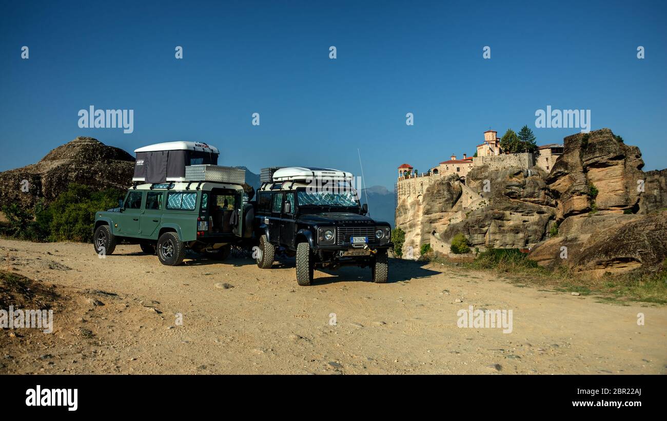 Land rover in front of Varlaam Monastery in Meteora, Greece Stock Photo ...