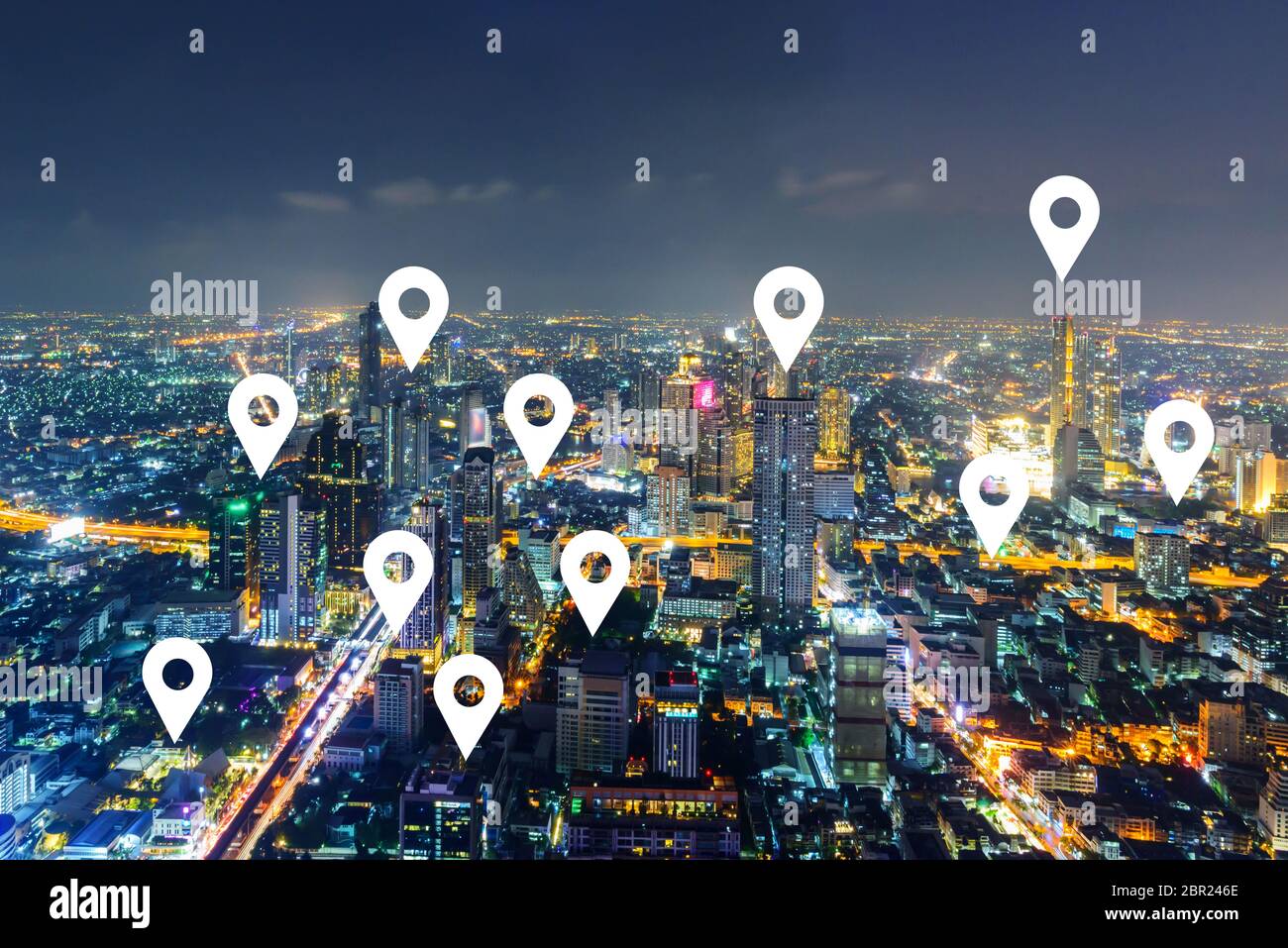 Check in sign in the city / high view of city with check-in sign for ...