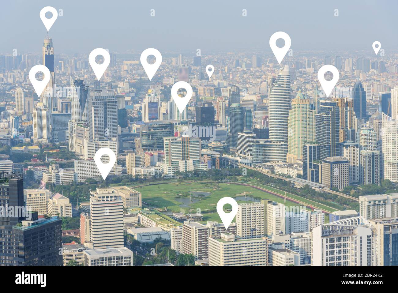 Check in sign in the city / high view of city with check-in sign for ...