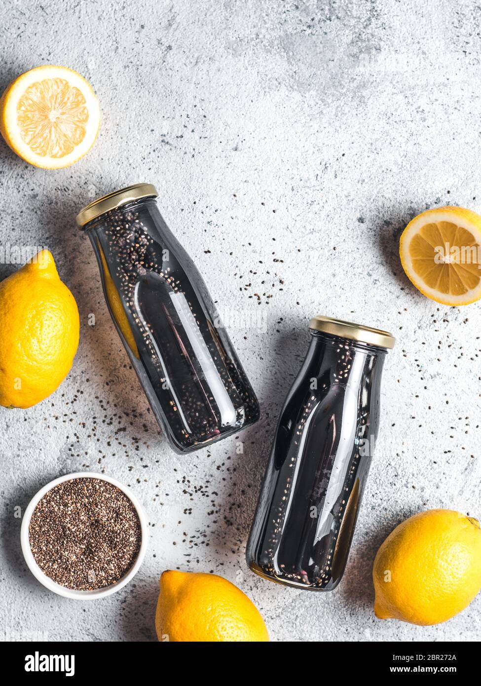 Detox activated charcoal black chia water or lemonade with lemon. Two ...