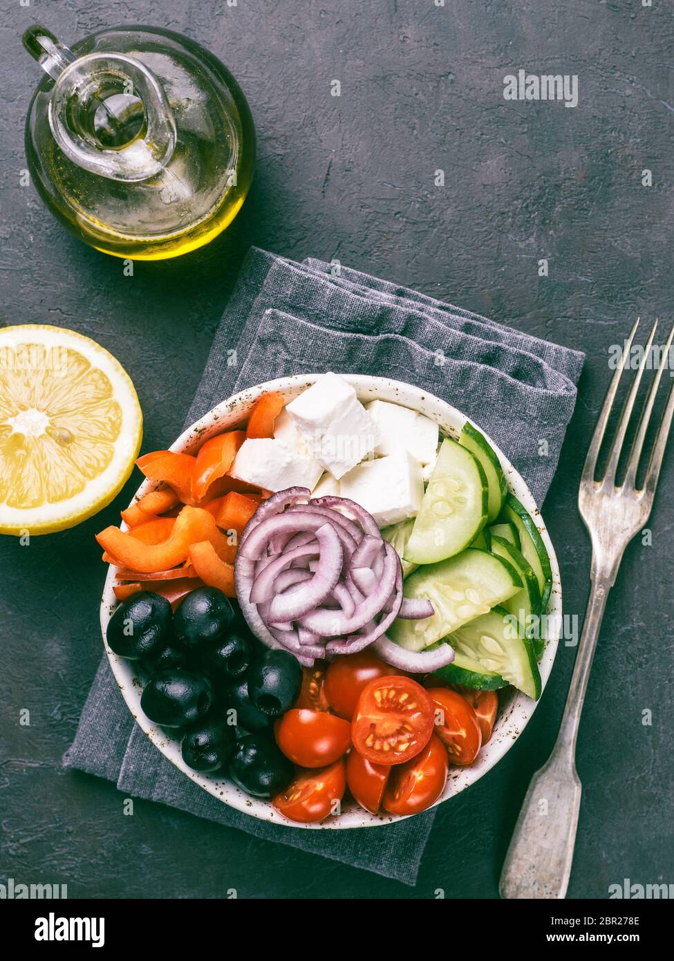 Greek Salad Bowl on dark black background. Above view of Bowl Greek ...