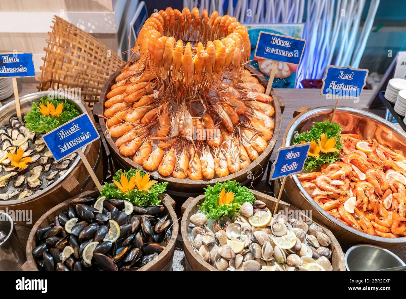 Variety of Seafood on ice buffet bar Stock Photo - Alamy